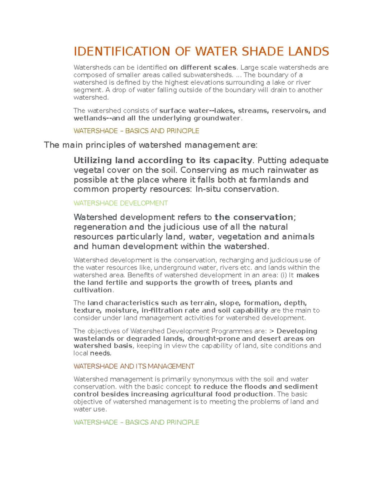 Identification OF Water Shad Lands AND ITS Mamagment - IDENTIFICATION ...