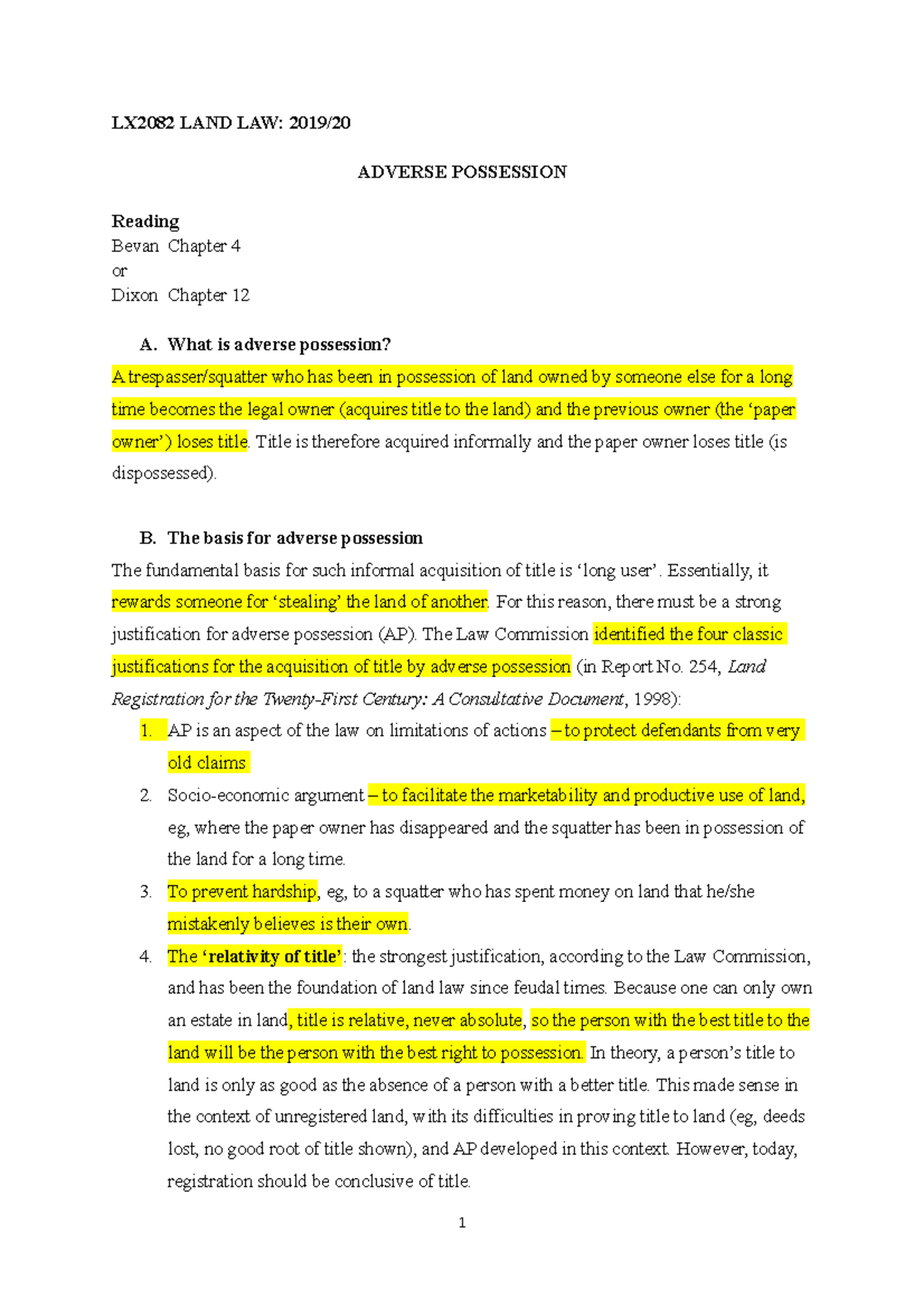 LX2082 Adverse Possession 2019-20 - LX2082 LAND LAW: 2019/ ADVERSE ...