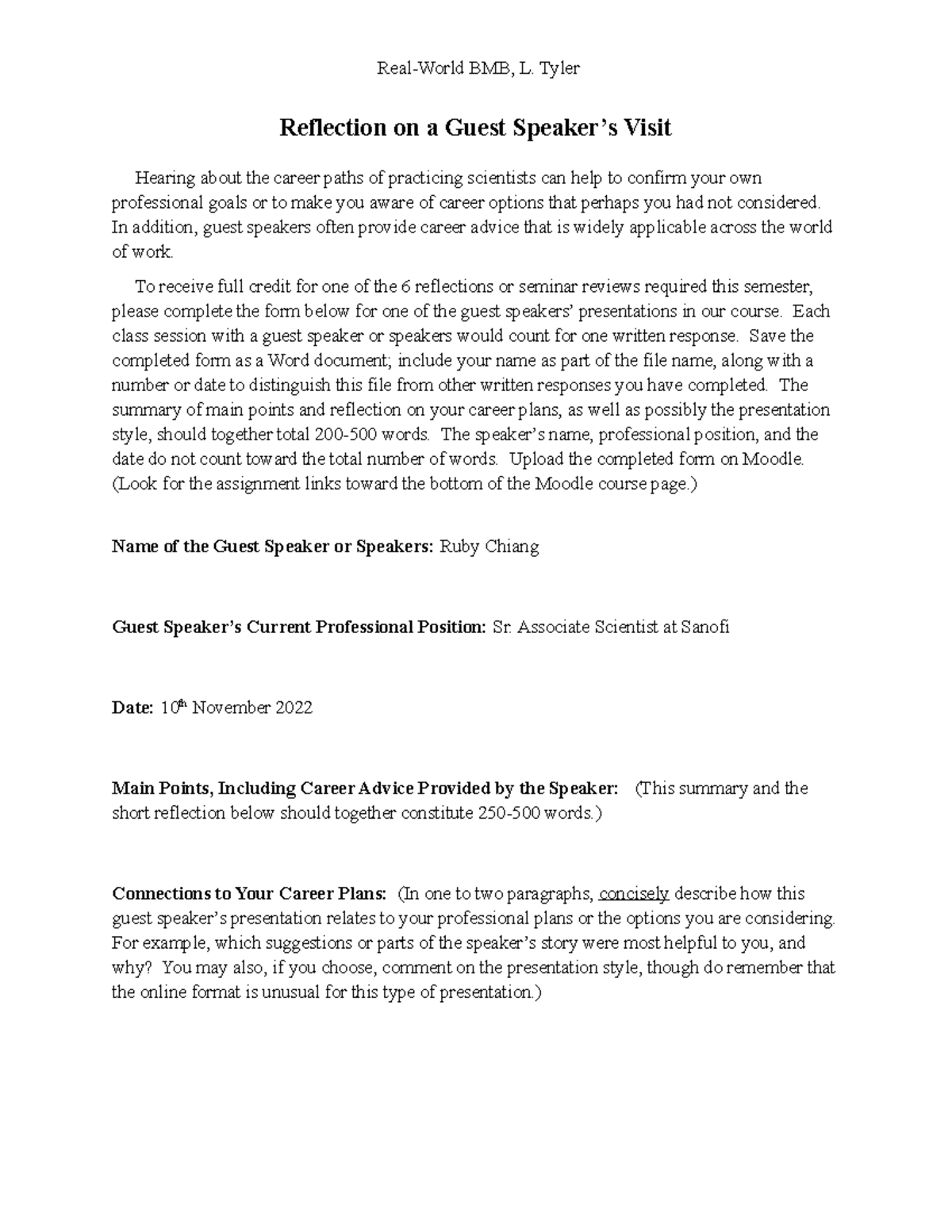 Reflection on guest speaker visit 2021-3 - Real-World BMB, L. Tyler ...