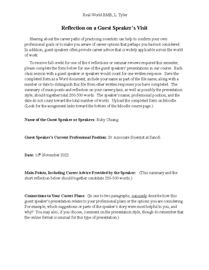 Career reflection 5 - Real-World BMB, L. Tyler Reflection on a Careers ...