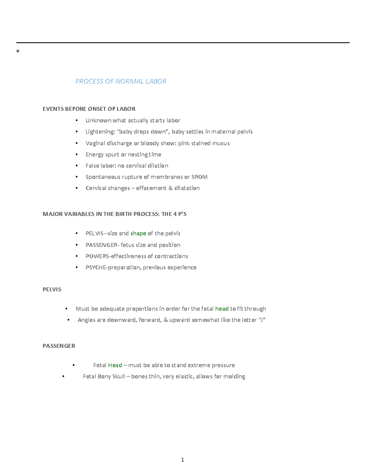 Process OF Normal Labor - 1 PROCESS OF NORMAL LABOR EVENTS BEFORE ONSET ...