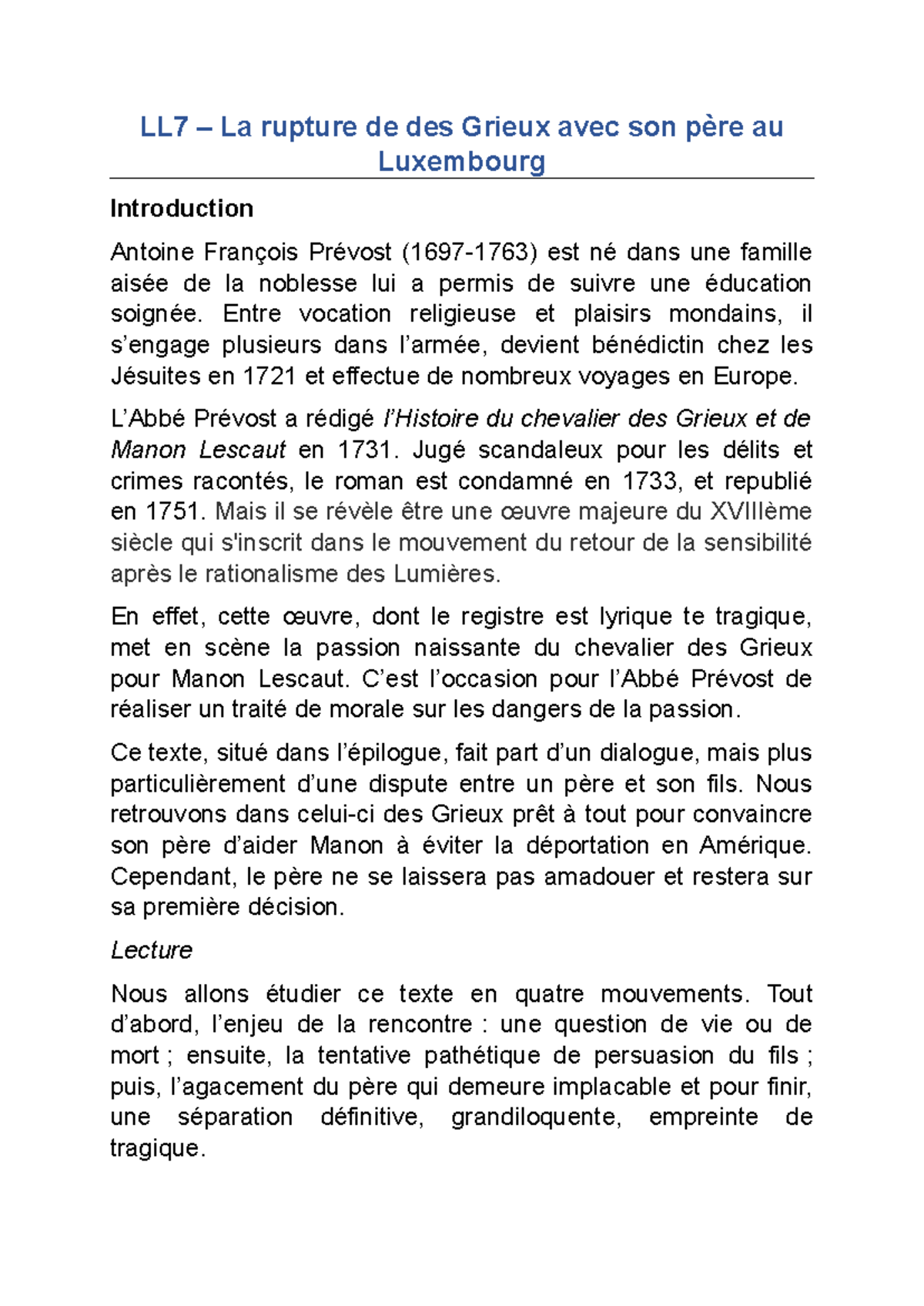 La rupture entre des Grieux et son père - LL7 – La rupture de des Grieux avec son père au ...