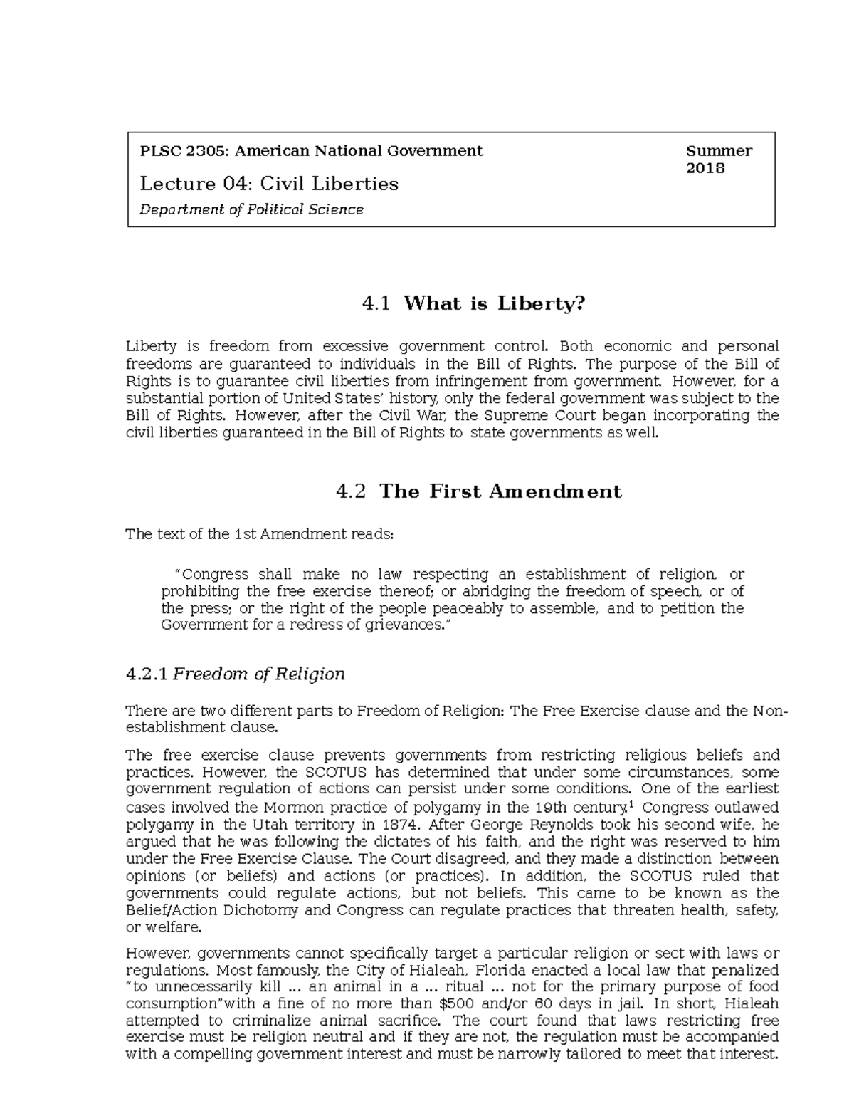 Lect 04 Notes Civil Liberties ADA - 4 What is Liberty? Liberty is ...