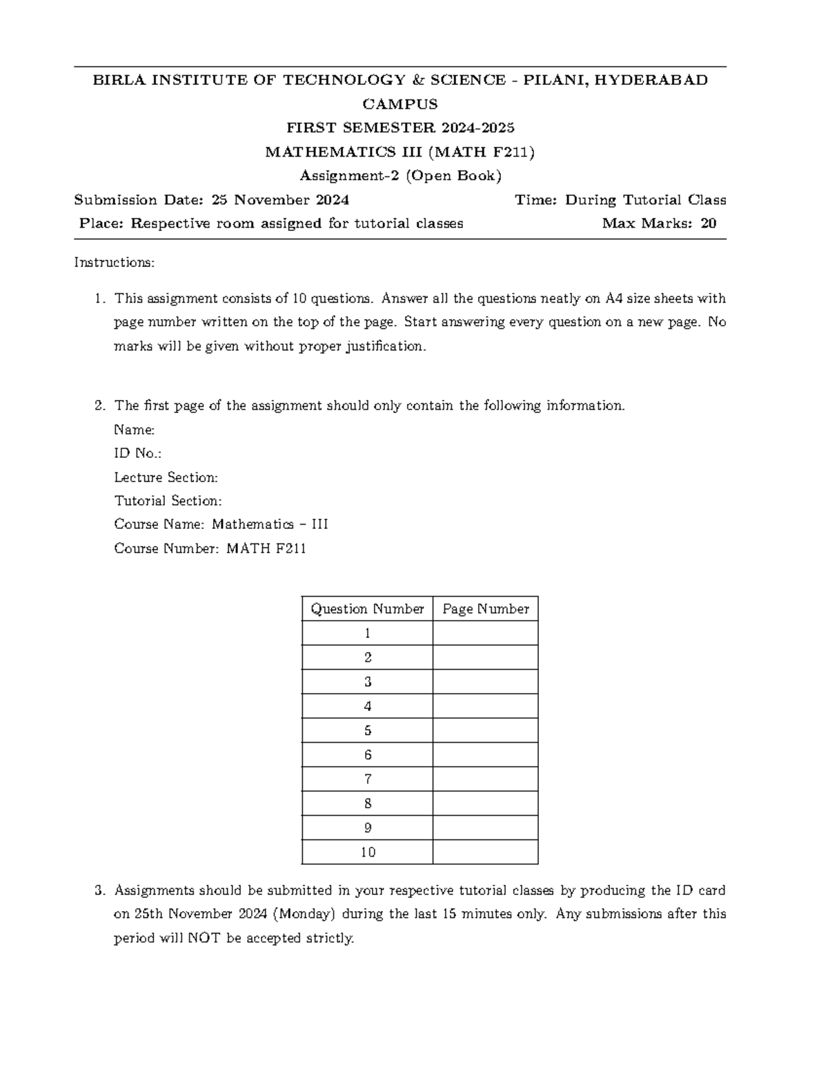 Assignment 2 MATH-III - BIRLA INSTITUTE OF TECHNOLOGY & SCIENCE - PILANI, HYDERABAD CAMPUS FIRST ...