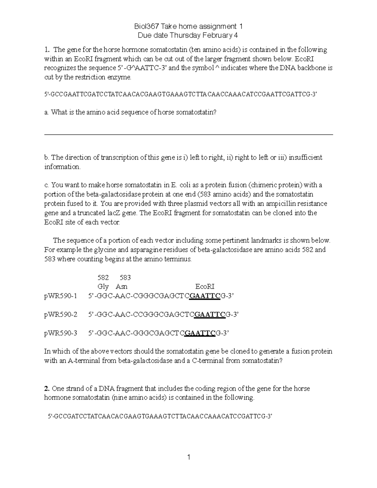 Seminar assignments - Take home assignment 1 - Biol367 Take home ...