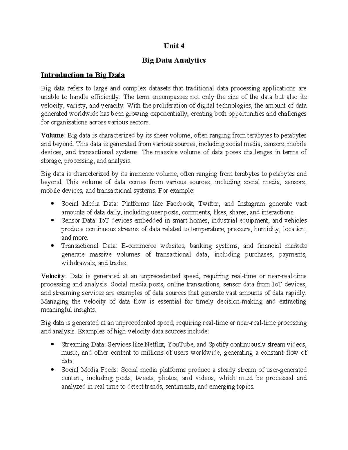 Finance- Unit 4 - Unit 4 Big Data Analytics Introduction to Big Data ...