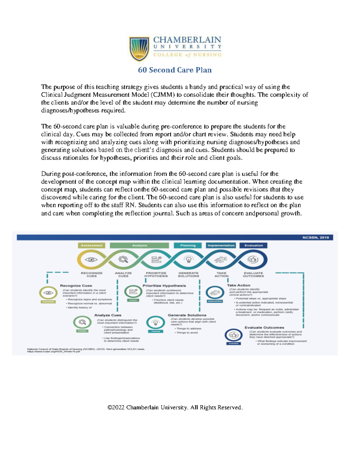 60-Second Care Plan-CJM - ©2022 Chamberlain University. All Rights ...
