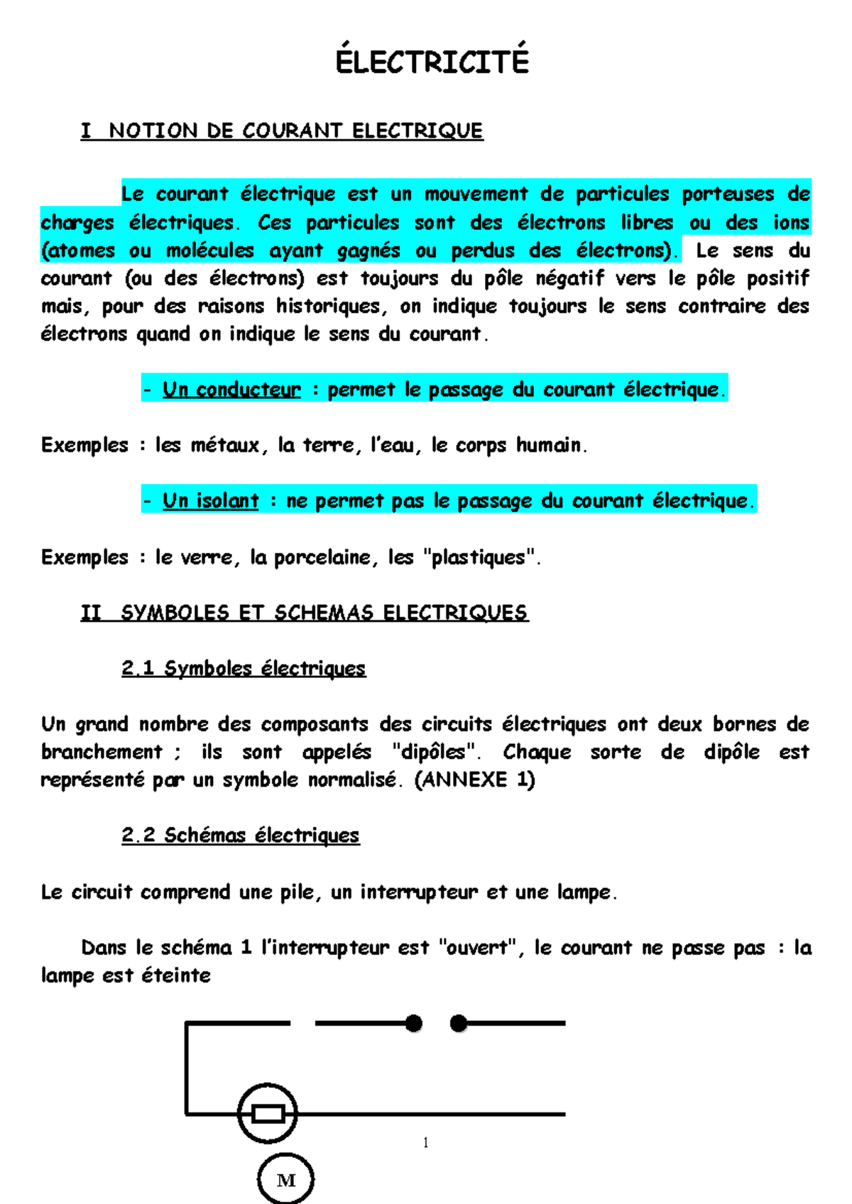 Electricite - Cours électricité - ÉLECTRICITÉ I NOTION DE COURANT ...