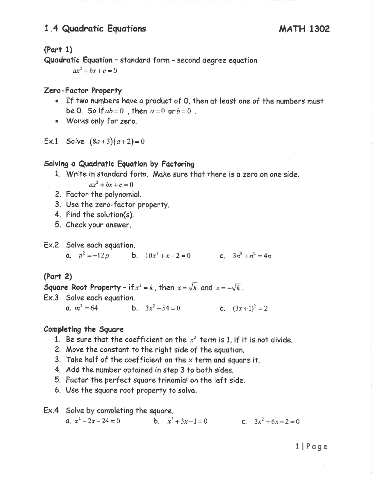 College Algebra Chapter 1.4 - 1 Quadratic Equations MATH 1302 (Part 1 ...