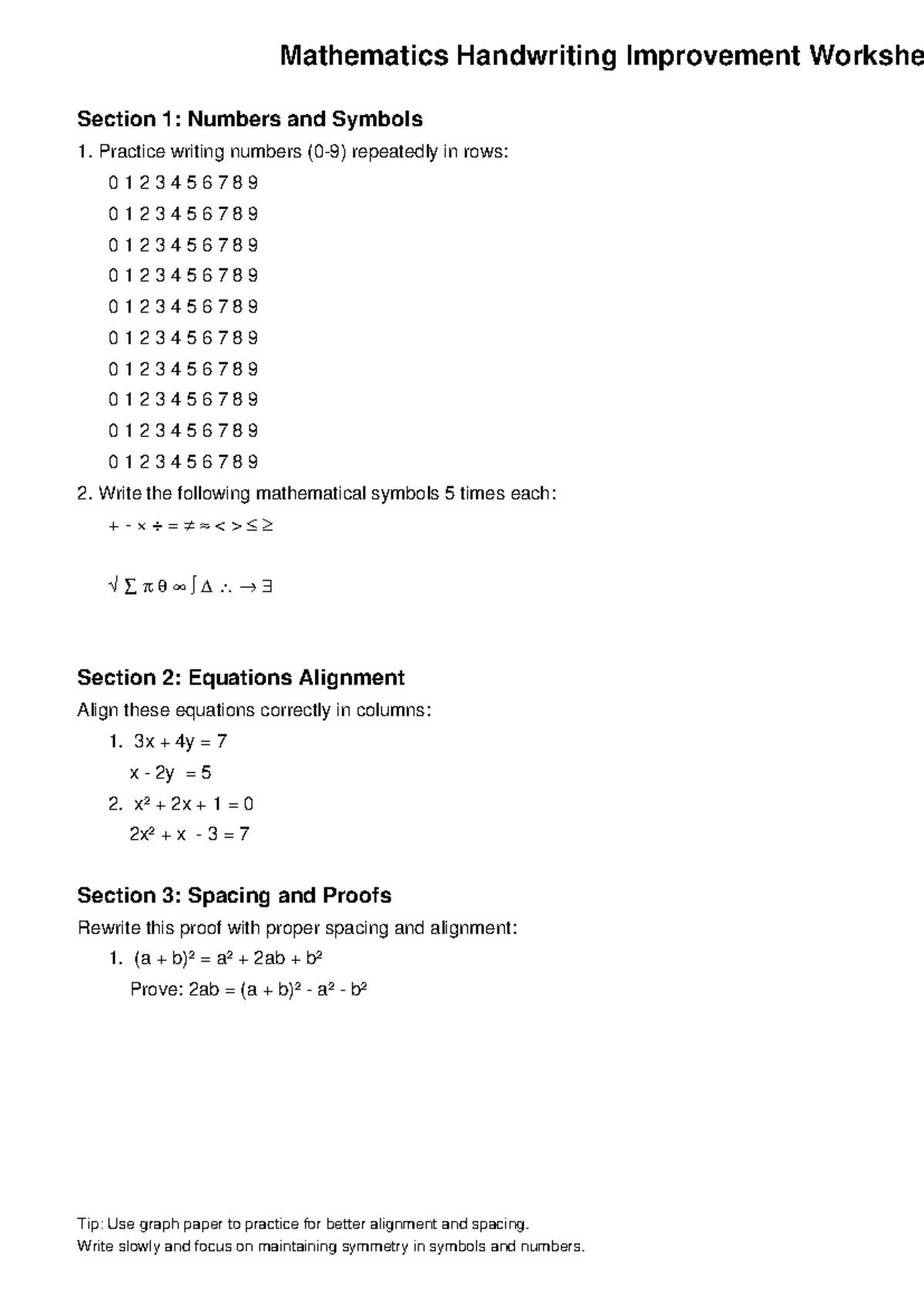 Mathematics Handwriting Worksheet - Mathematics Handwriting Improvement ...