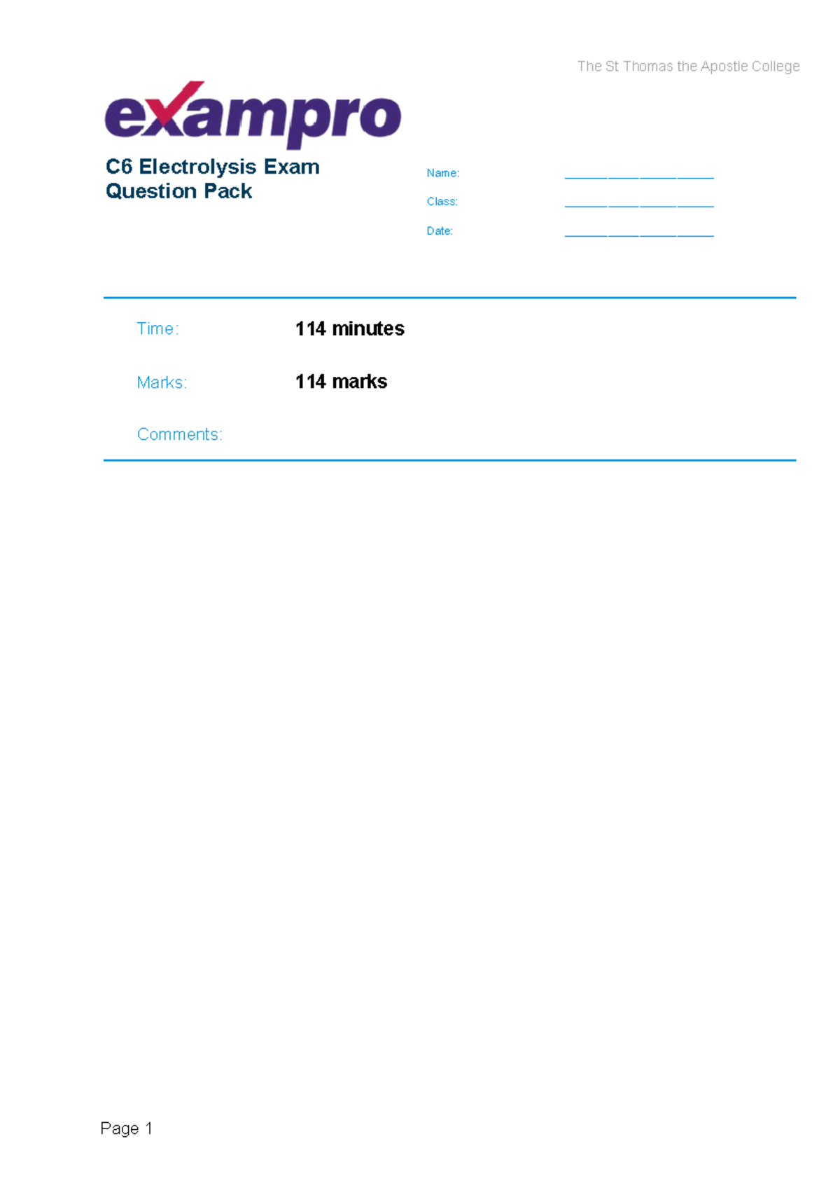 C6 electrolysis exam qs - C6 Electrolysis Exam Question Pack Name