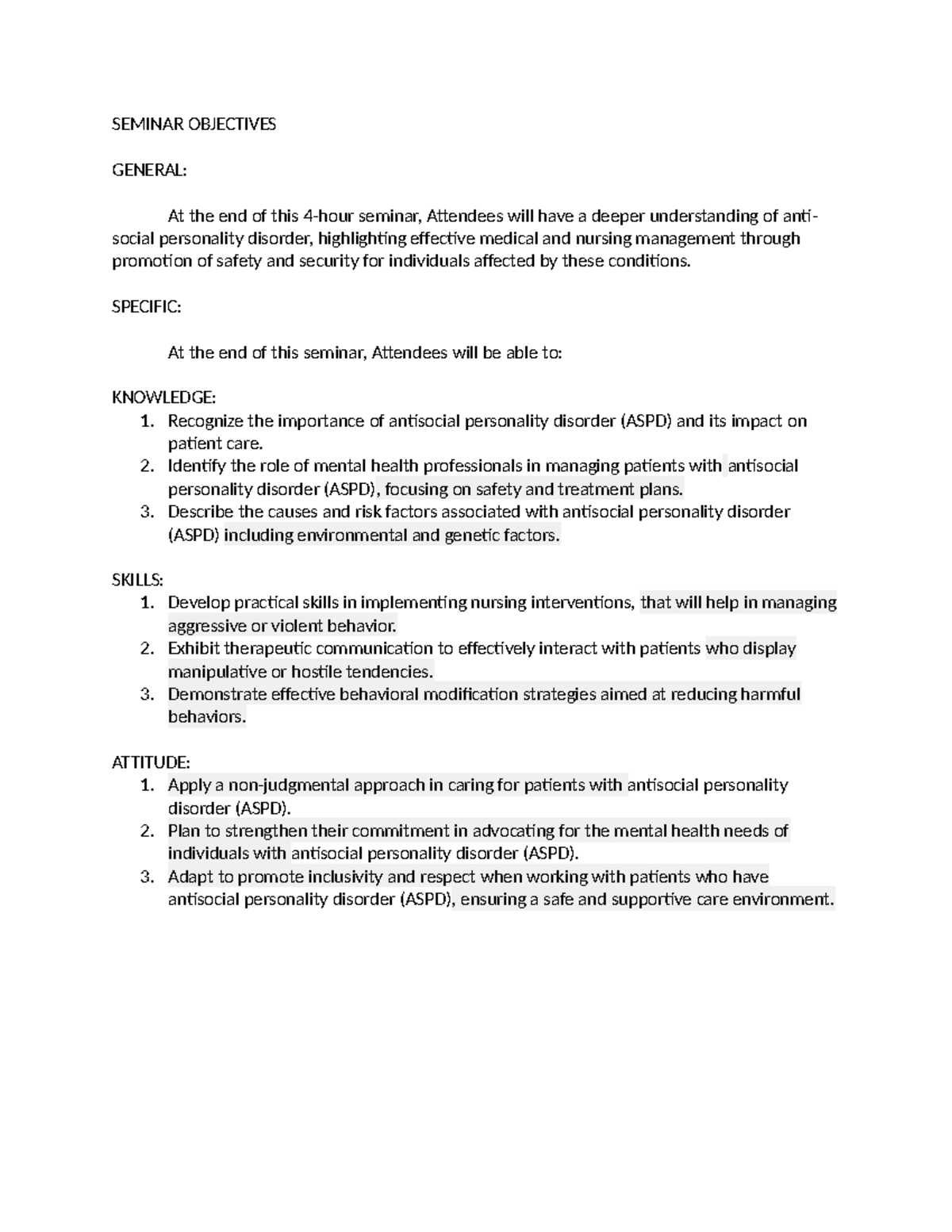 Seminar Objectives - notes - SEMINAR OBJECTIVES GENERAL: At the end of ...