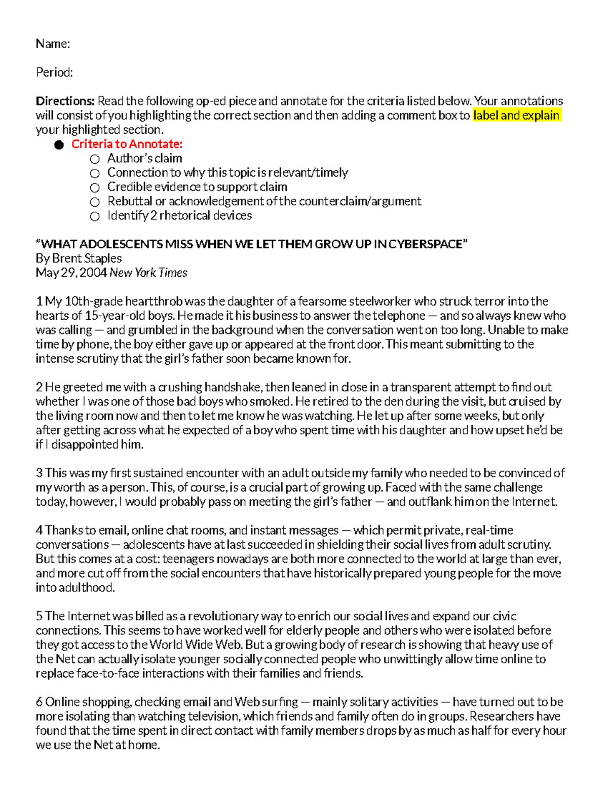 WHAT Adolescents MISS WHEN WE LET THEM GROW UP IN Cyberspace - Name ...