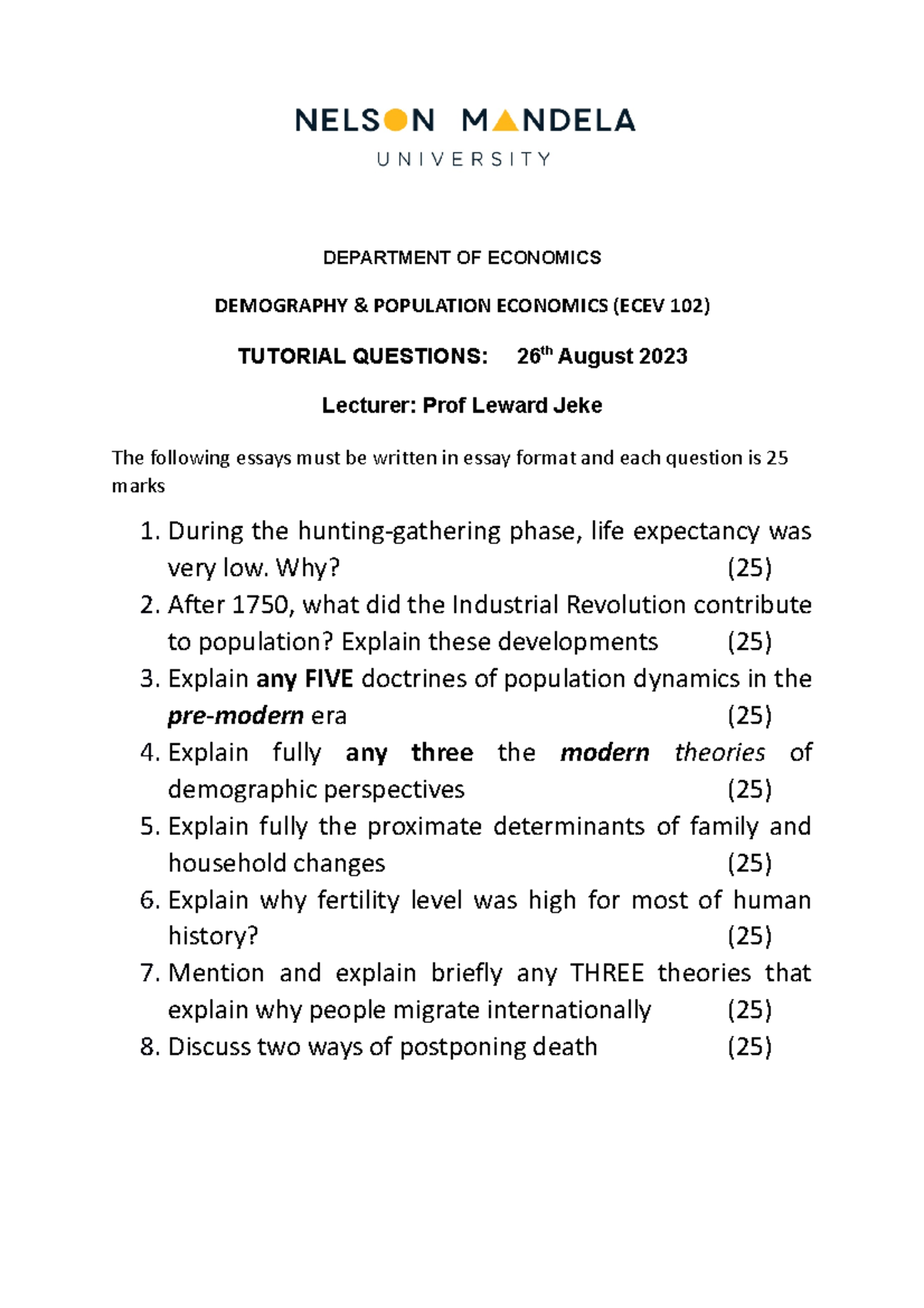 ECEV102 Tutorial Questions 2023 - DEPARTMENT OF ECONOMICS DEMOGRAPHY ...