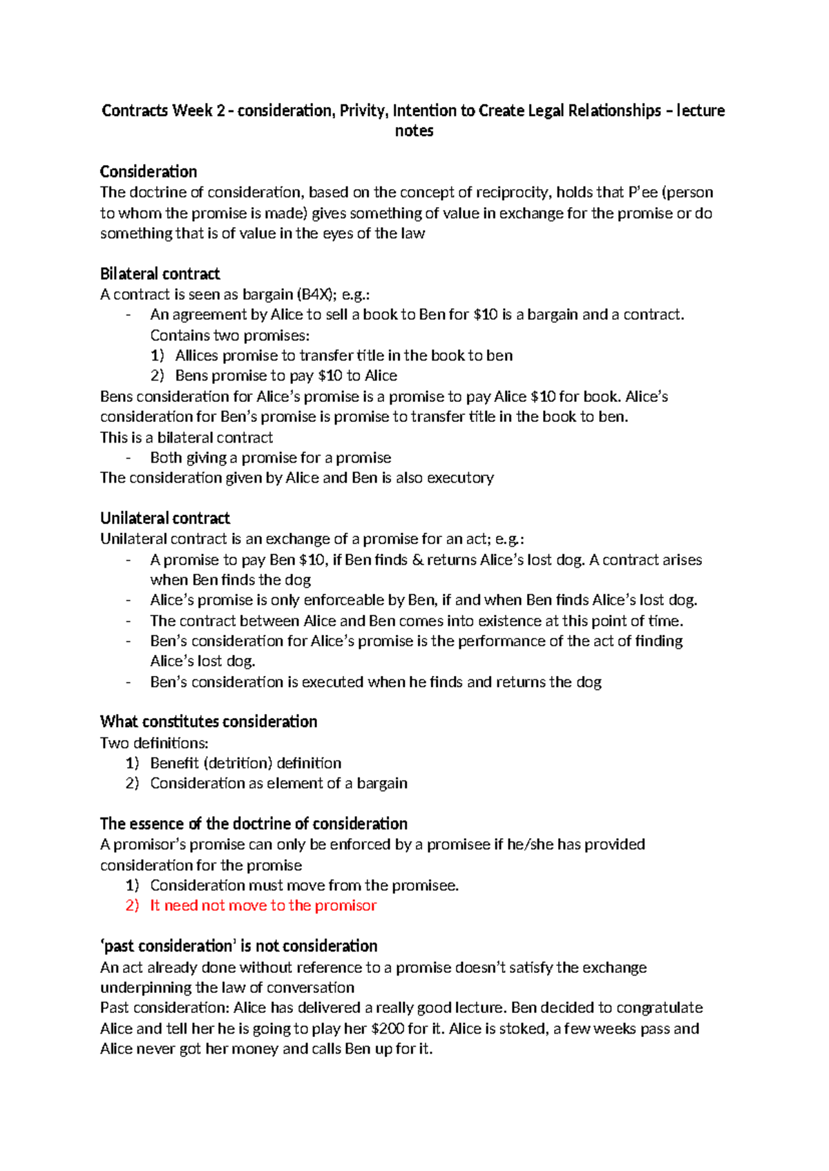 Consideratrion, privity, intention to create legal relatinships - Week 2 - contracts - Contracts ...