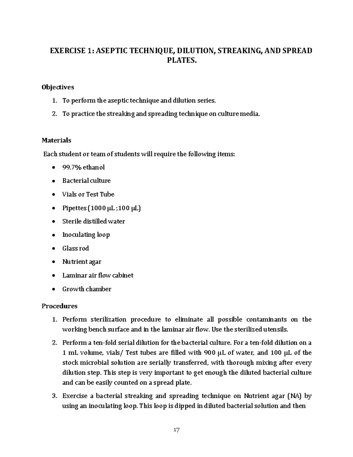 Lab 1 Instruction - Lab Manual - 17 EXERCISE 1: ASEPTIC TECHNIQUE ...