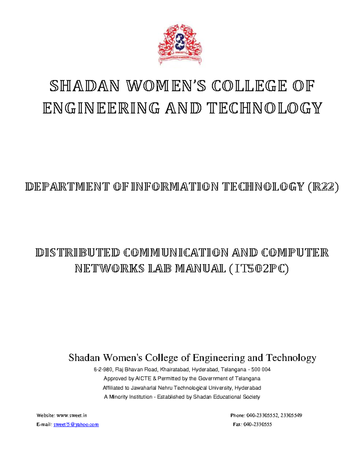 Swcet DCCN LAB Manual - cgfcjyg - 𝕊ℍ𝔸𝔻𝔸ℕ 𝕎𝕆𝕄𝔼ℕ’𝕊 ℂ𝕆𝕃𝕃𝔼𝔾𝔼 𝕆𝔽 𝔼ℕ𝔾𝕀ℕ𝔼𝔼ℝ𝕀ℕ𝔾 𝔸ℕ𝔻 𝕋𝔼ℂℍℕ𝕆𝕃𝕆𝔾𝕐 ...