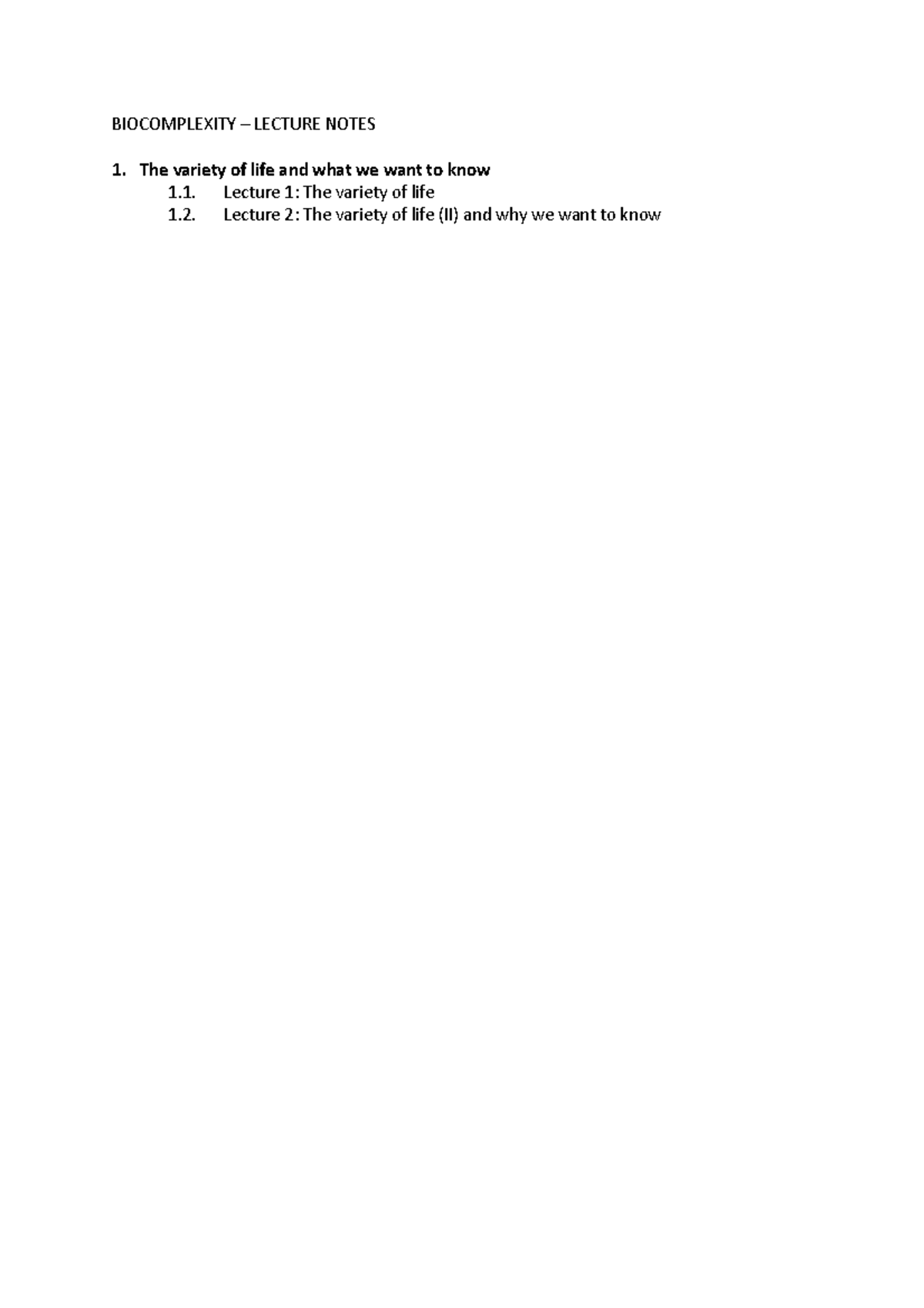 Biocomplexity notes - BIOCOMPLEXITY – LECTURE NOTES The variety of life ...