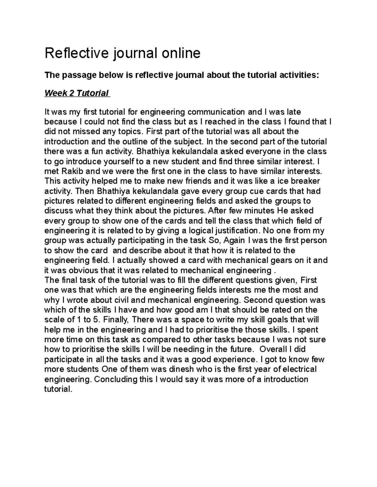 final reflection - Reflective journal online The passage below is ...