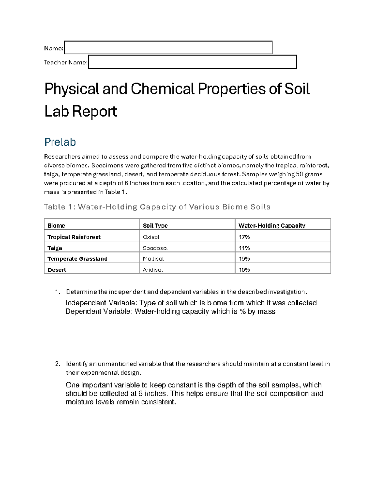 ESR Soil Prop Lab - This is a lab. - Name: Teacher Name: Physical and ...
