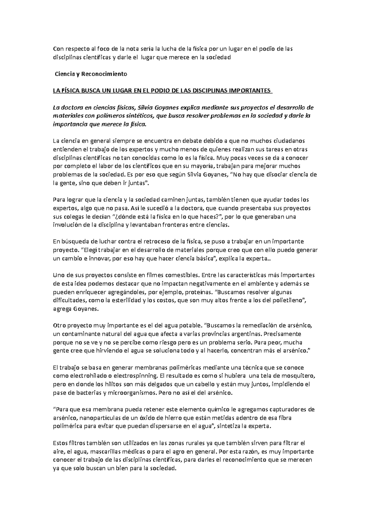 Recuperatoriodoc - Con respecto al foco de la nota sería la lucha de la ...