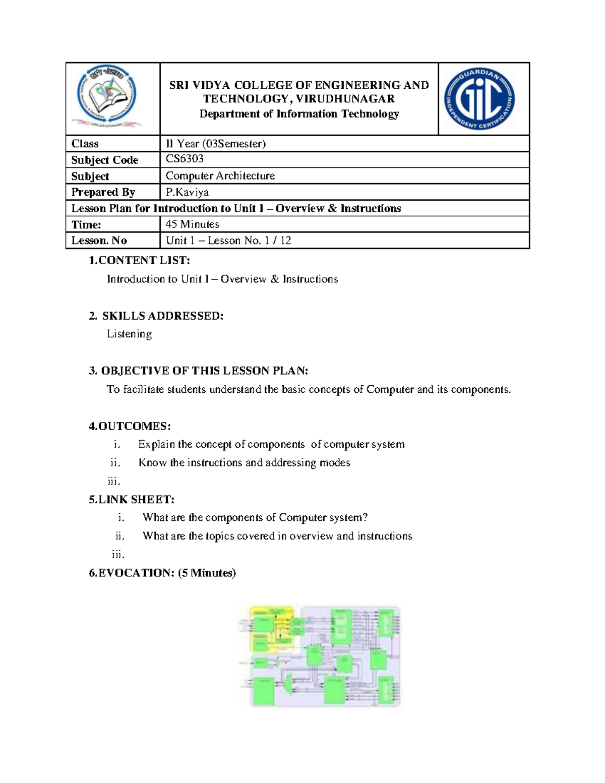Cs6303comparchnotes Lecture Notes On Computer Architecture Sri Vidya College Of Engineering