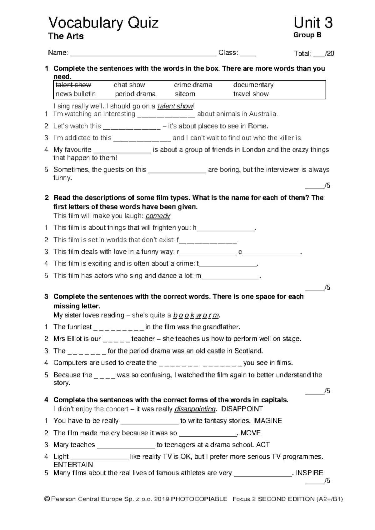 Focus 2 2ed Vocabulary Quiz Unit3 Group B - Vocabulary Quiz Unit 3 The Arts Group B Name: - Studocu