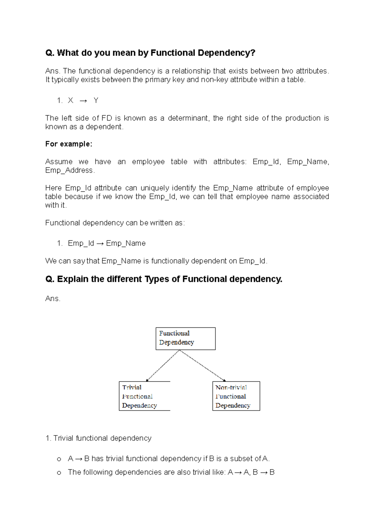 database management - Q. What do you mean by Functional Dependency? Ans. The functional ...
