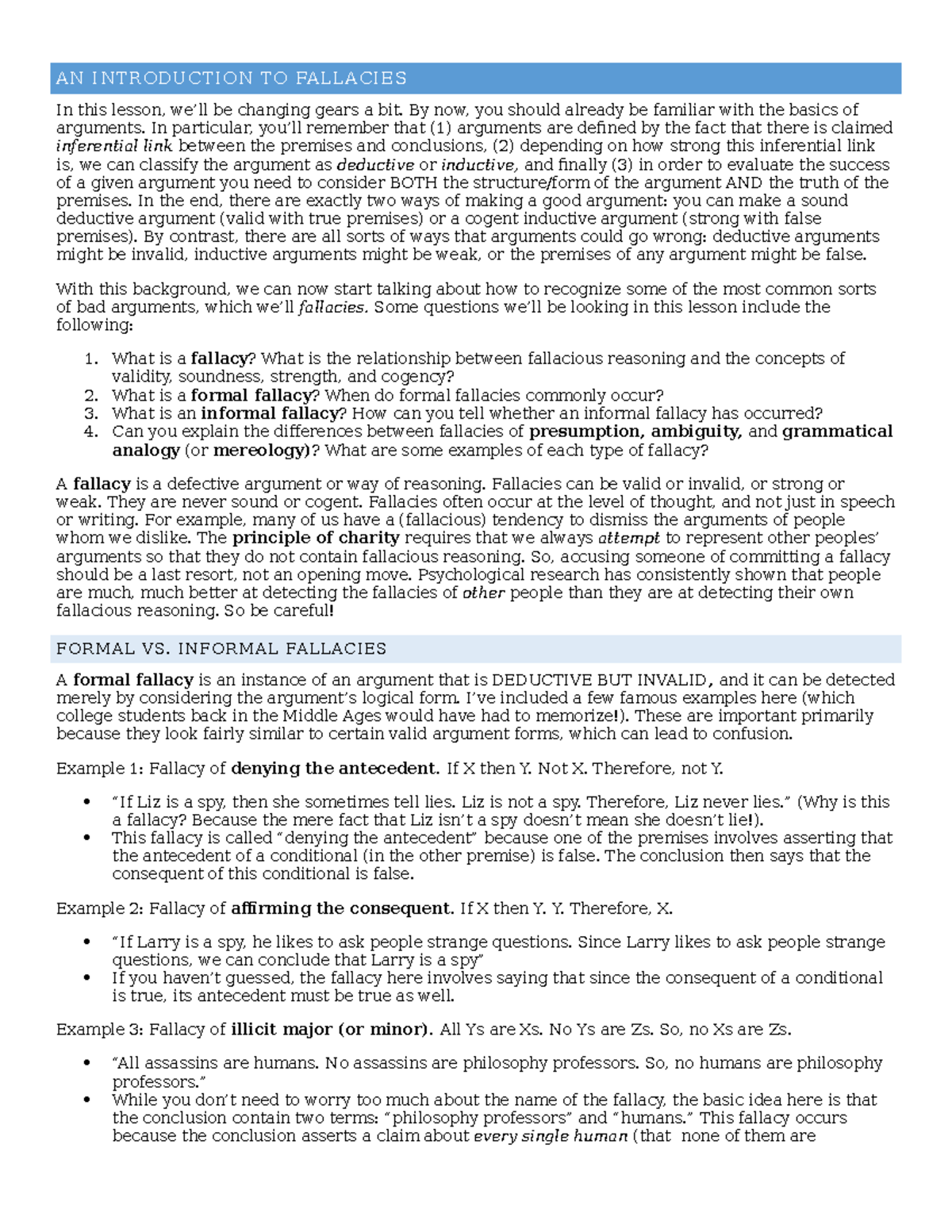 Logic B1 Intro Fallacies (3-1,4) - AN INTRODUCTION TO FALLACIES In this ...