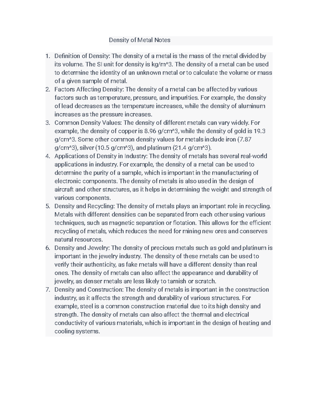 Density of Metal Notes - Density of Metal Notes Definition of Density ...