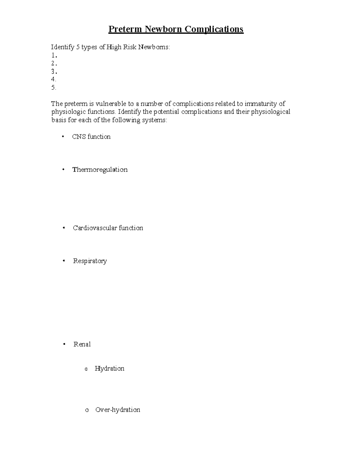 HR newborn worksheet homework students - Preterm Newborn Complications ...