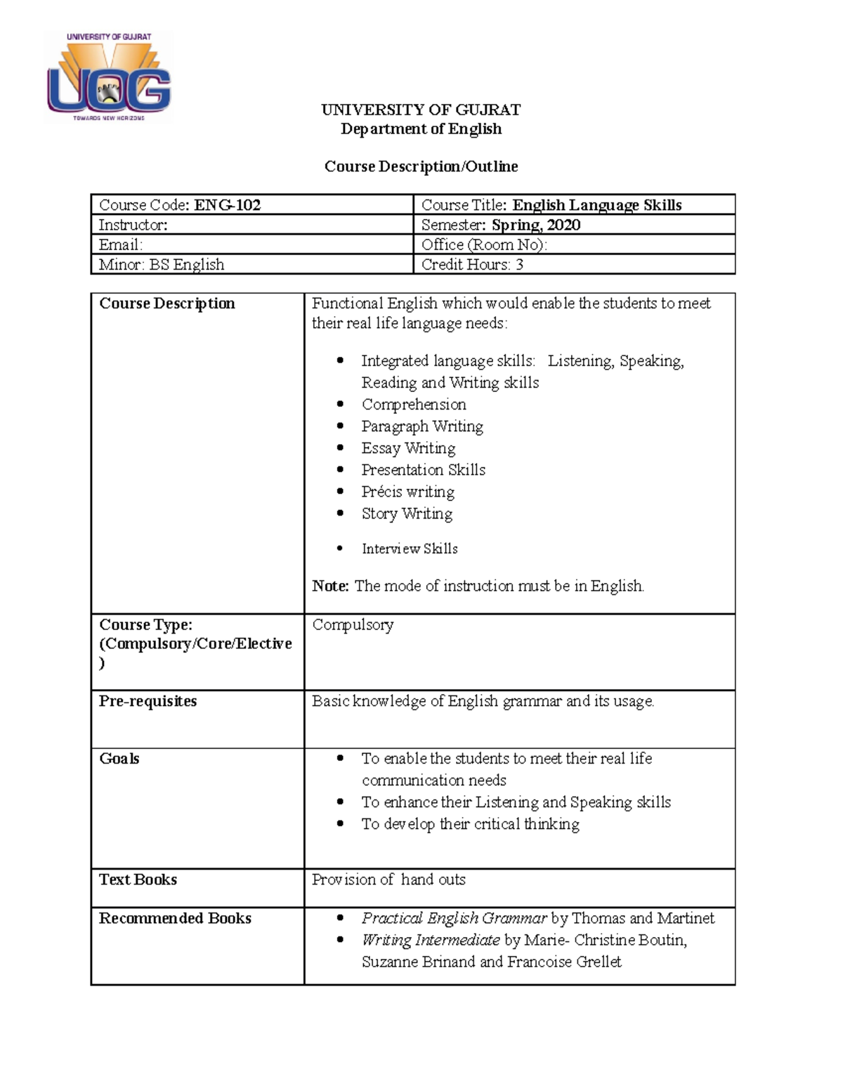 ENG 102 English Language Skills - UNIVERSITY OF GUJRAT Department of English Course - Studocu