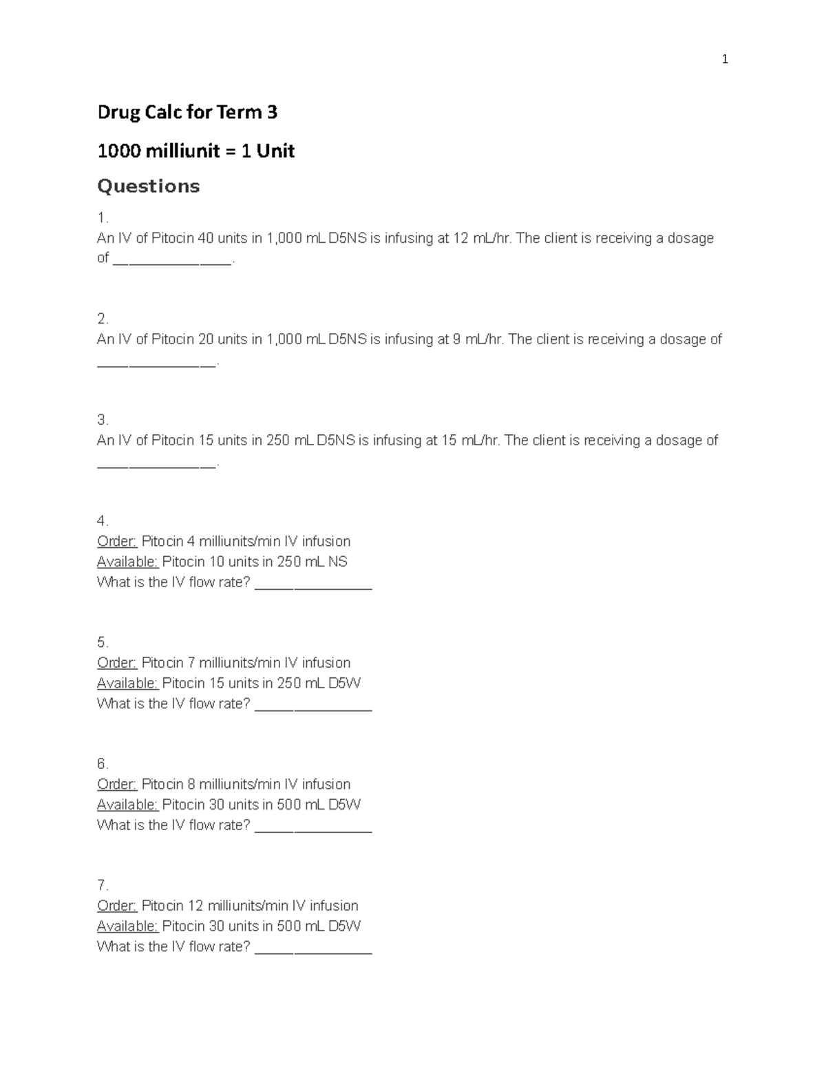 Drug Calc for Term 3 1 - practice problems for dosage calc - Drug Calc ...