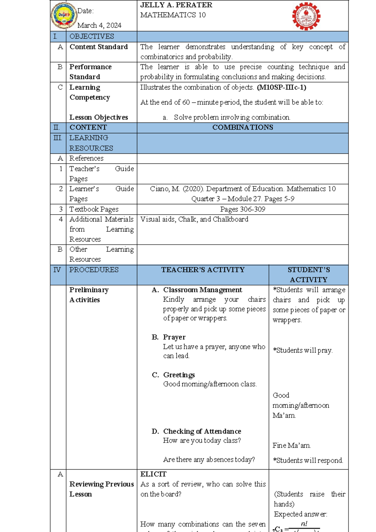 8 - G10 Lesson plan - Date: March 4, 2024 JELLY A. PERATER MATHEMATICS ...
