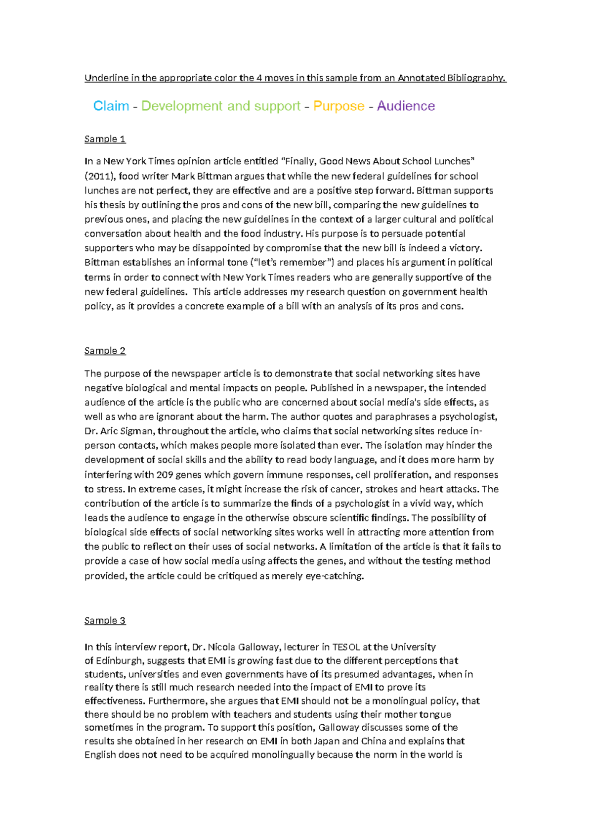Underline in the appropriate color the 4 moves in this sample from an ...