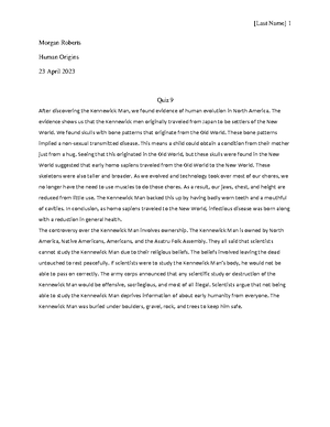 Human Origins Quiz 7 - [Last Name] 1 Morgan Roberts Melanie Lenhart ...