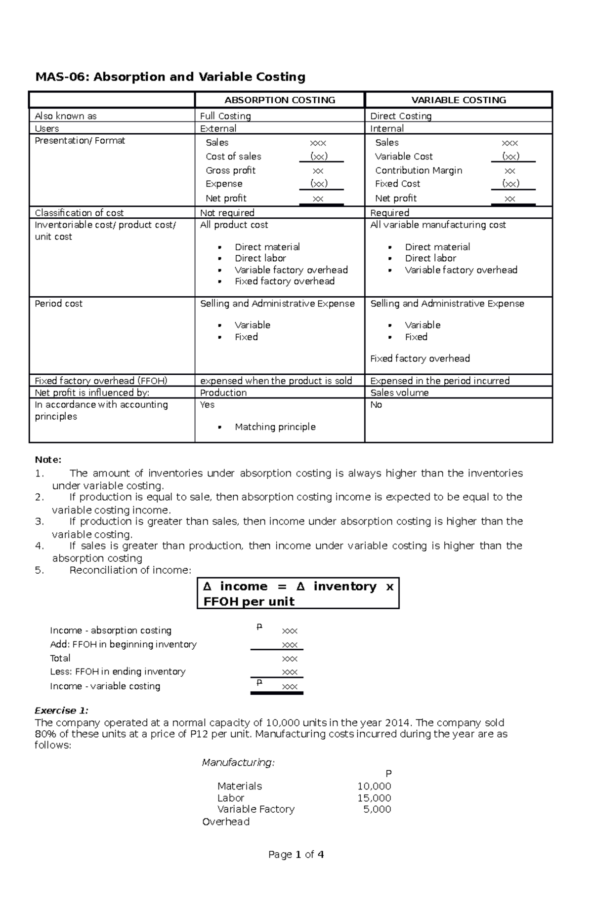 Pdfcoffee - Quiz - MAS-06: Absorption and Variable Costing ABSORPTION COSTING VARIABLE COSTING ...