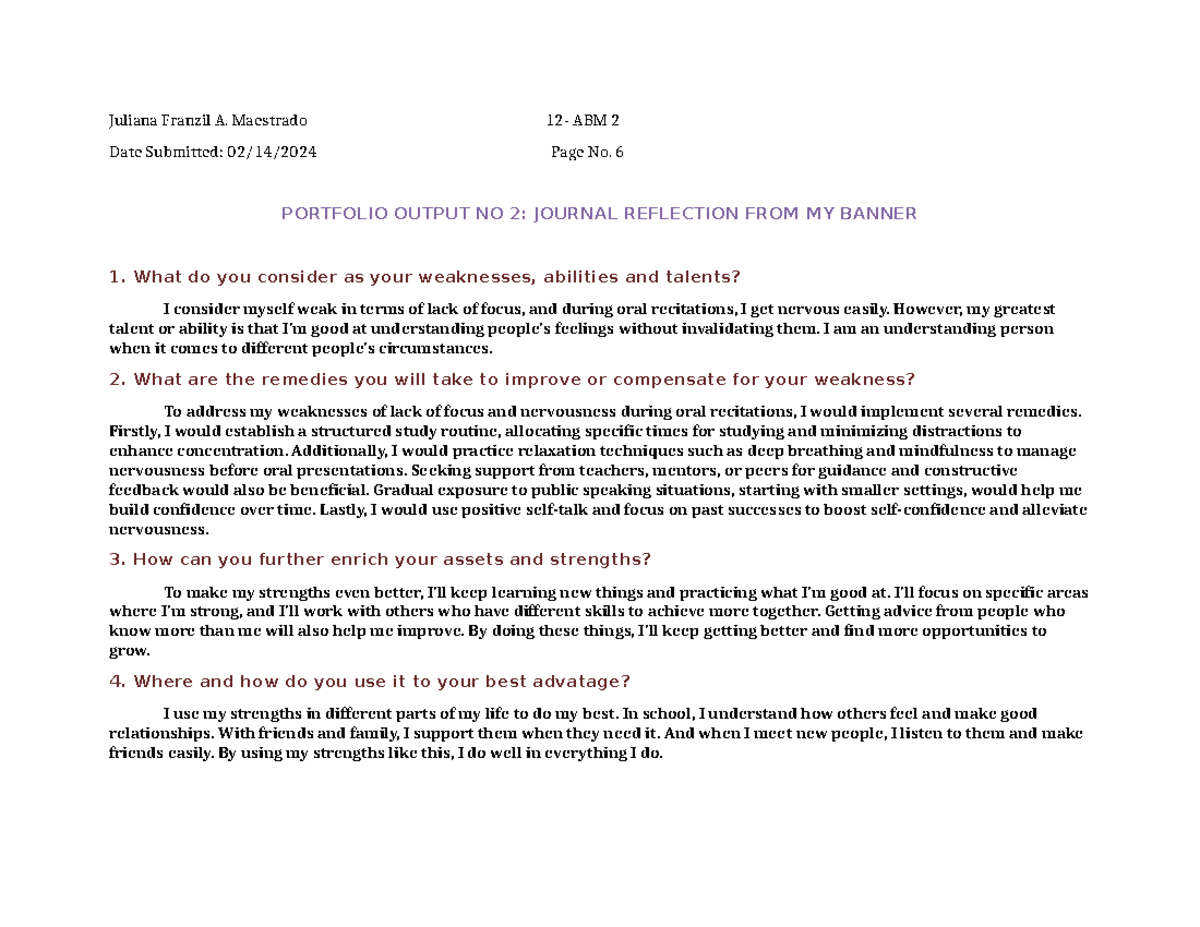 personal development - Juliana Franzil A. Maestrado 12- ABM 2 Date Submitted: 02/14/2024 Page No ...