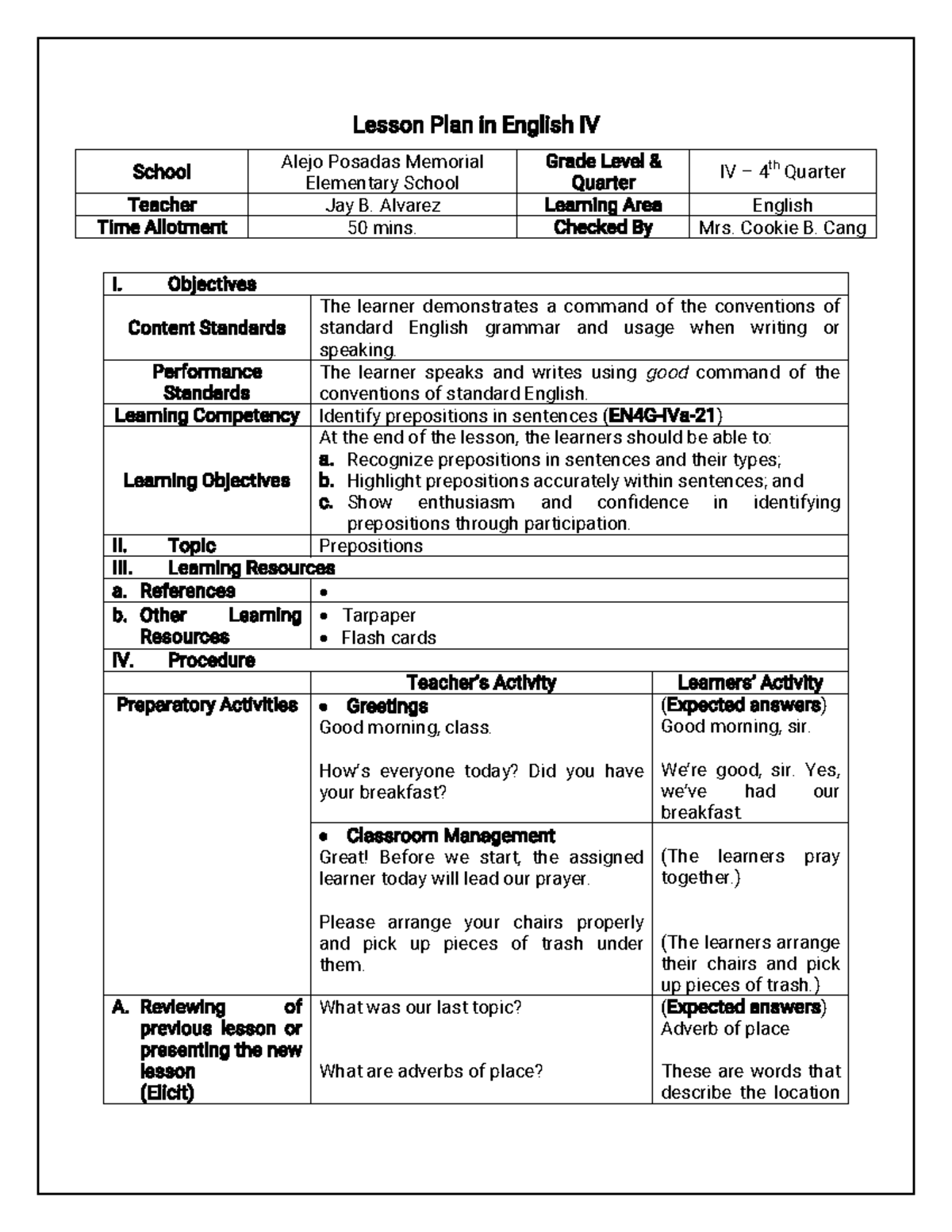 English Lesson Plan Prepositions - Lesson Plan in English IV School ...