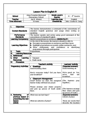 English Lesson Plan Prepositions - Lesson Plan in English IV School ...