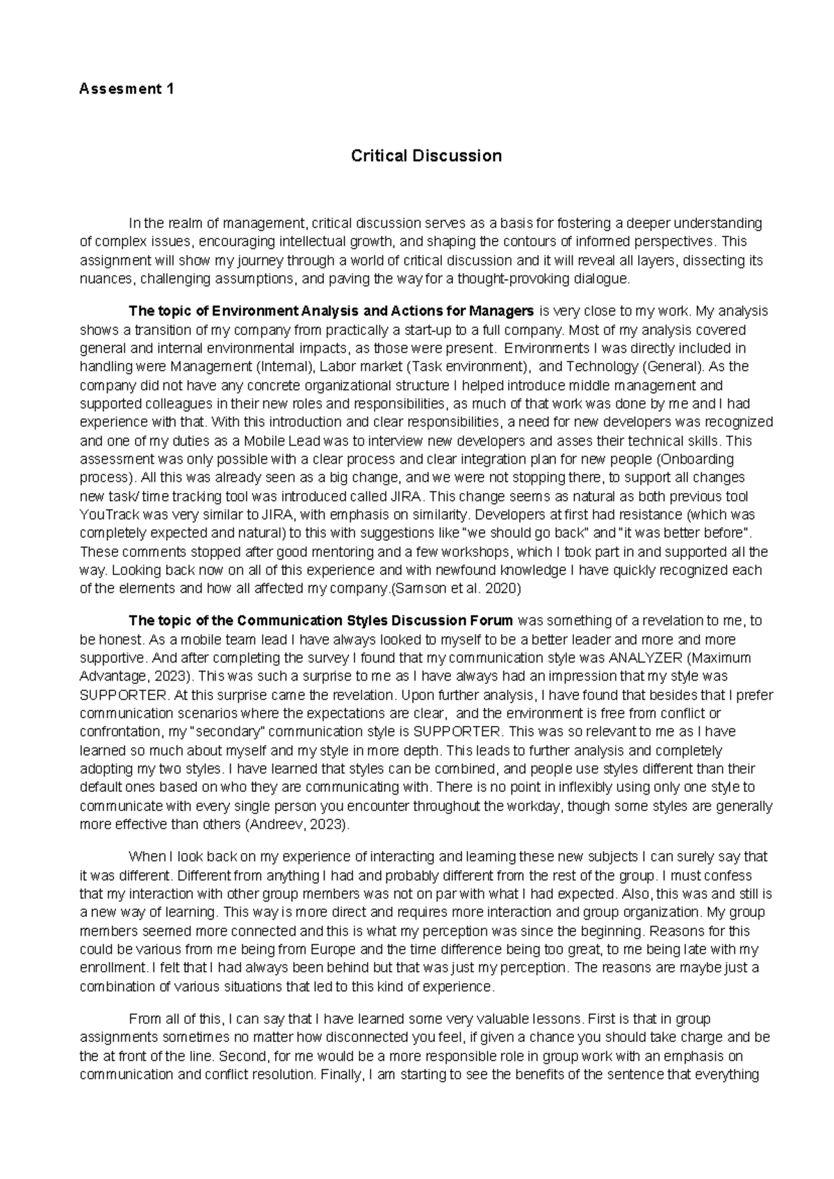 MGT600 Critical Discussion - Assesment 1 Critical Discussion In the ...