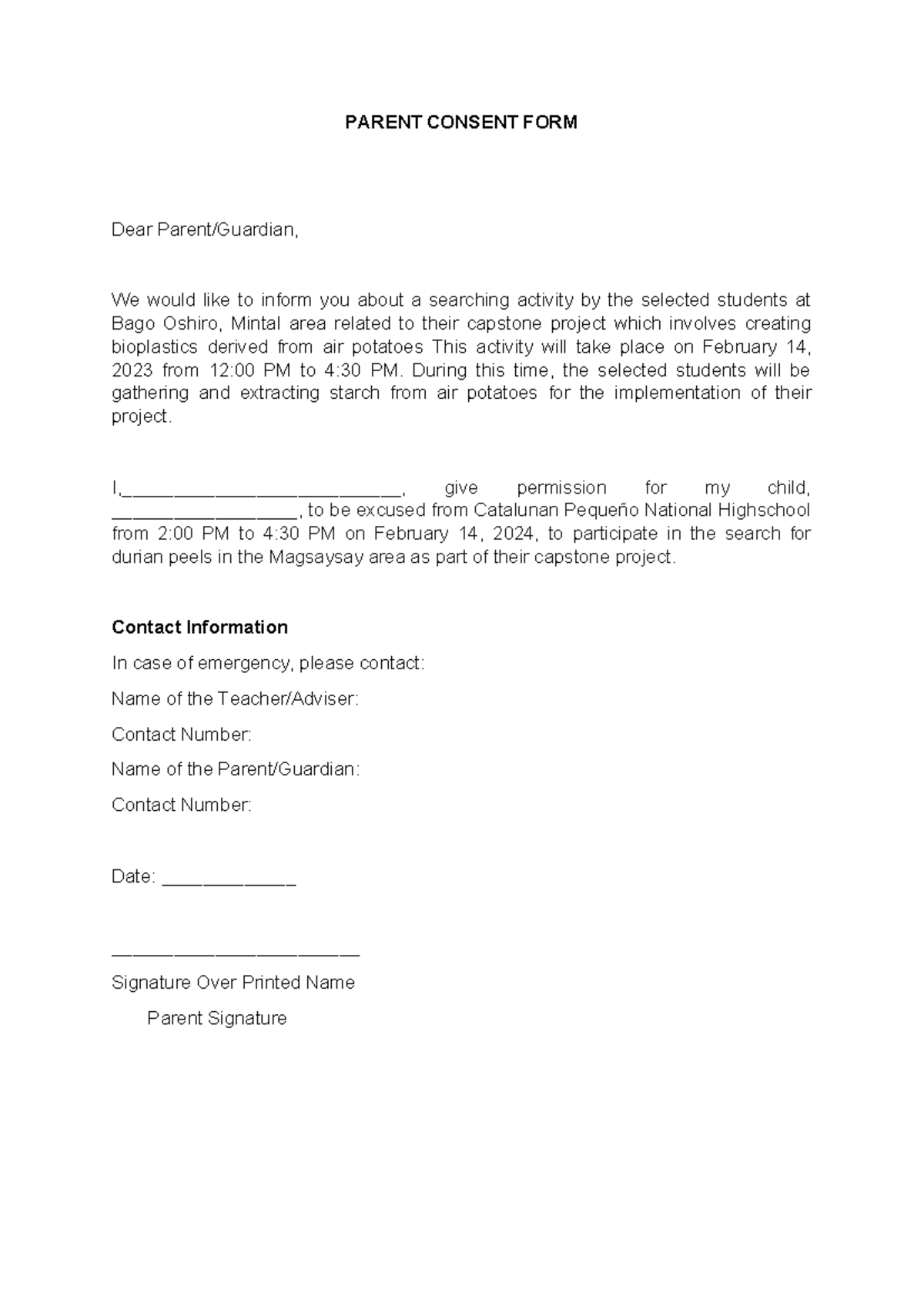 Parent-Consent - PARENT CONSENT FORM Dear Parent/Guardian, We would ...