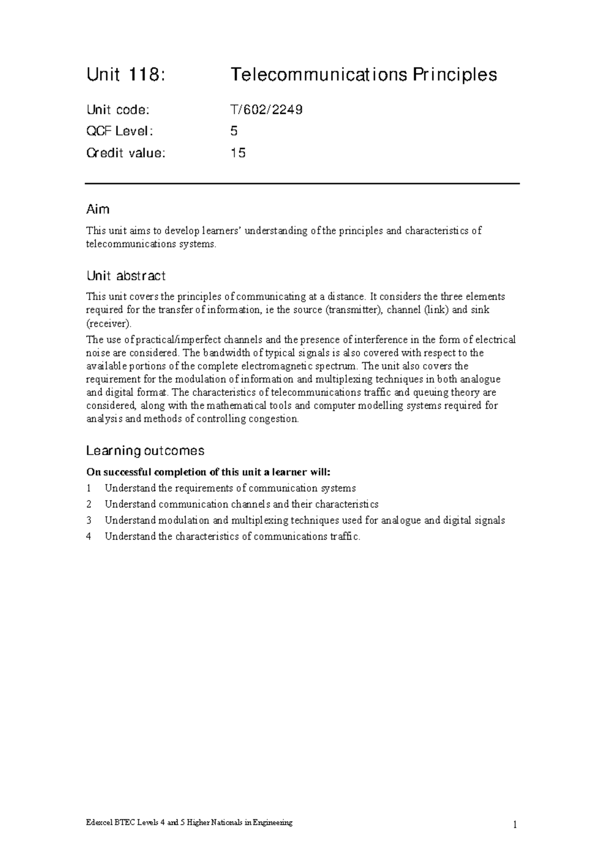 Unit 118 Telecommunications Principles - Unit 118: Telecommunicat ions ...