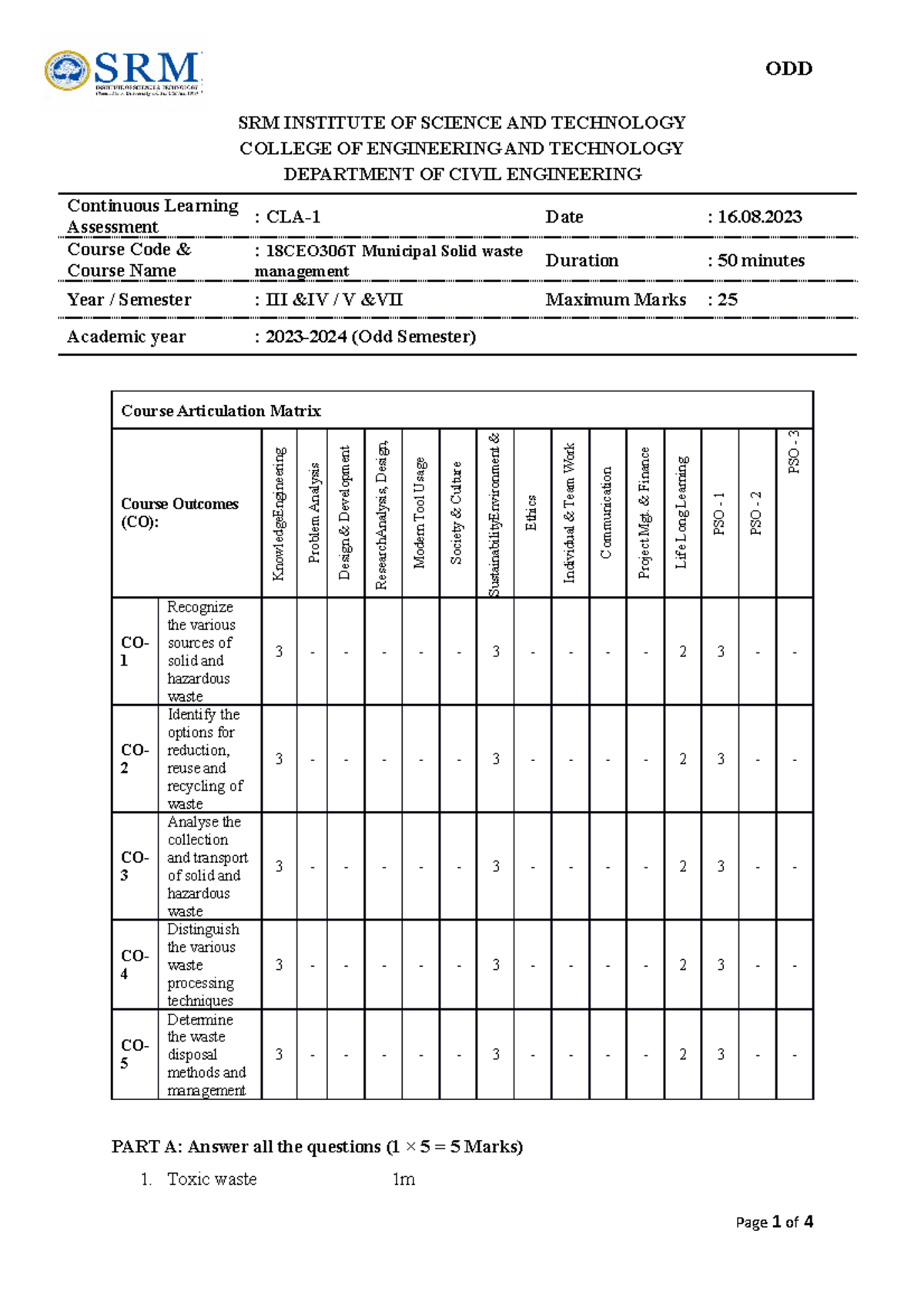 CT1 - 18CEO306T - ODD-16.8.2023 - Answer Key - SRM INSTITUTE OF SCIENCE ...