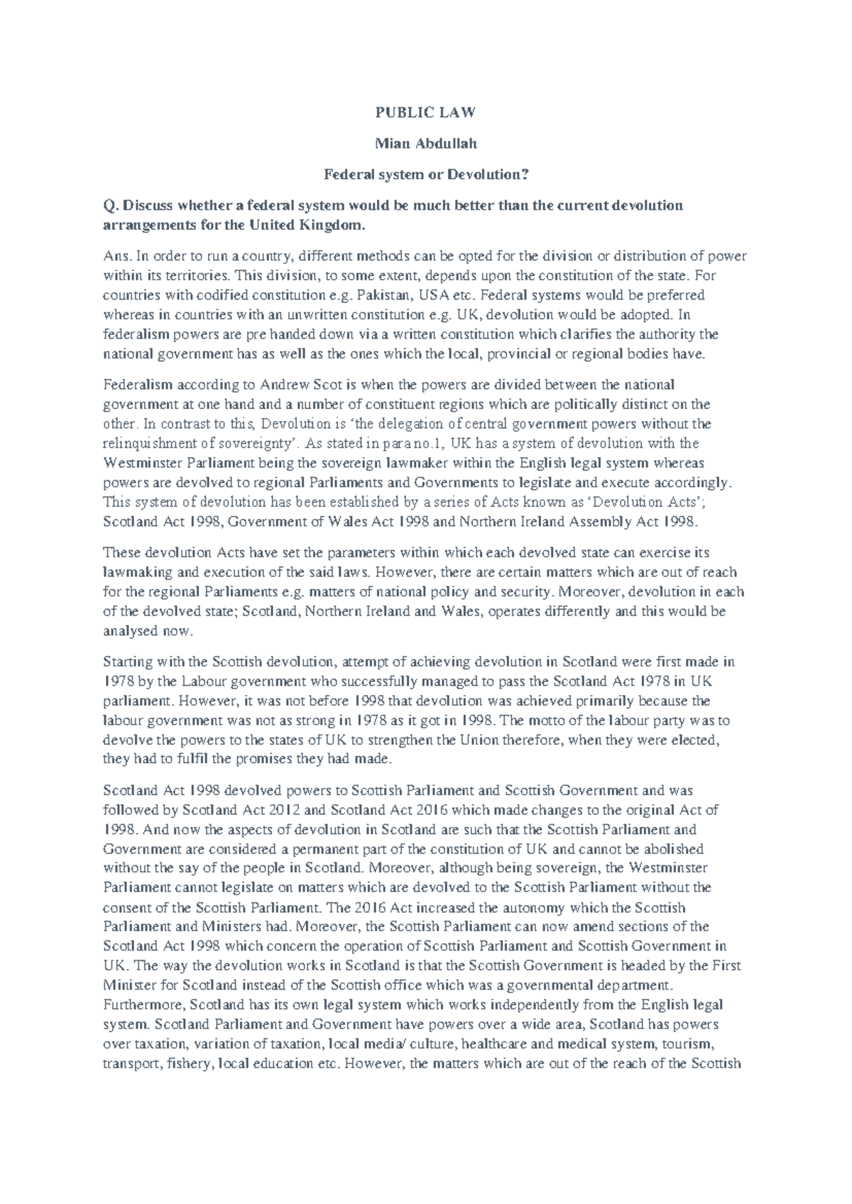 Devolution or federal system attempted answer - PUBLIC LAW Mian Abdullah Federal system or - Studocu