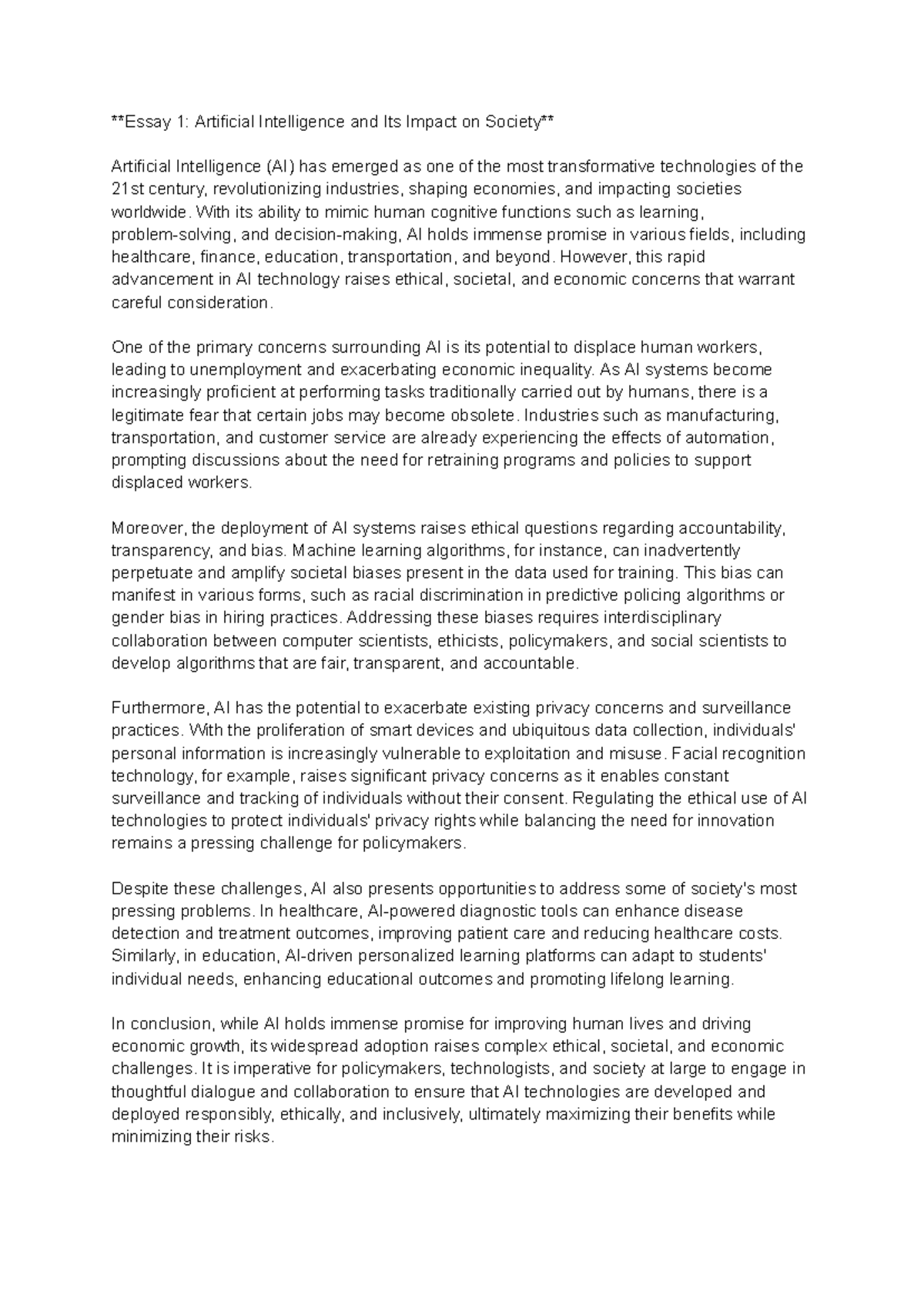 Essay 1 Artificial Intelligence and Its Impact on Society - With its ...