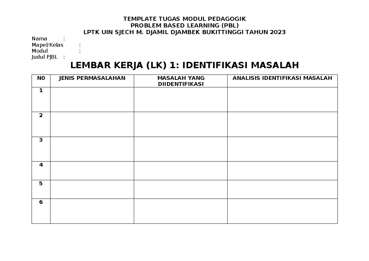 Template PBL - Ok - dfg - TEMPLATE TUGAS MODUL PEDAGOGIK PROBLEM BASED LEARNING (PBL) LPTK UIN ...