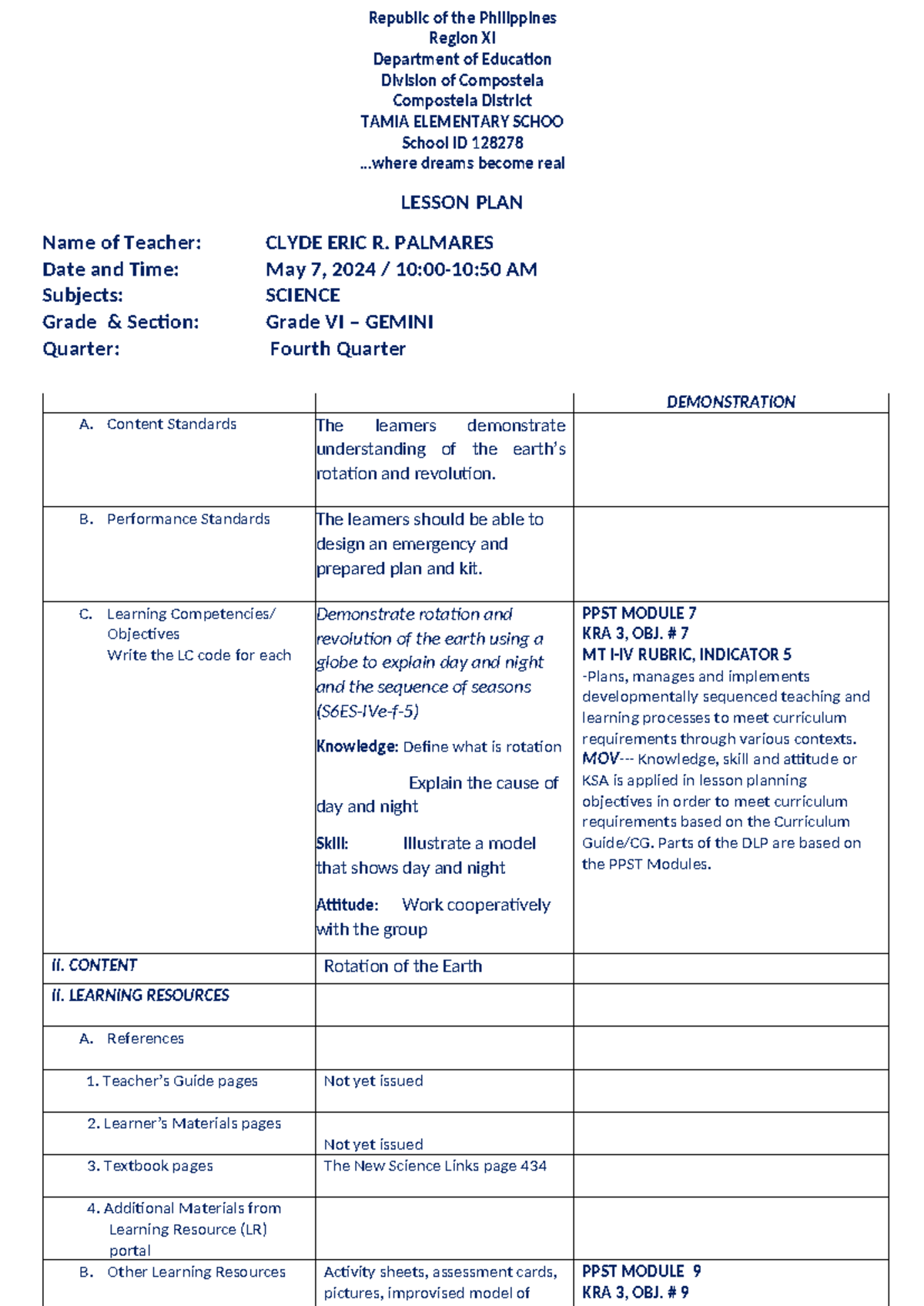 COT DLP Science 6 Earth'S Rotation BY Master Teacher EVA M. Corvera - I. OBJECTIVES (ANNOTATIONS ...