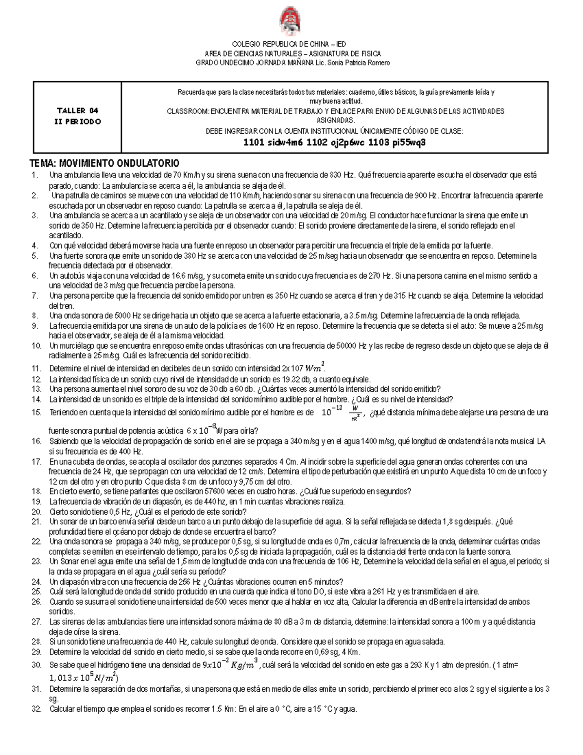 Taller 04 II Periodo Acustica - AREA DE CIENCIAS NATURALES – ASIGNATURA ...