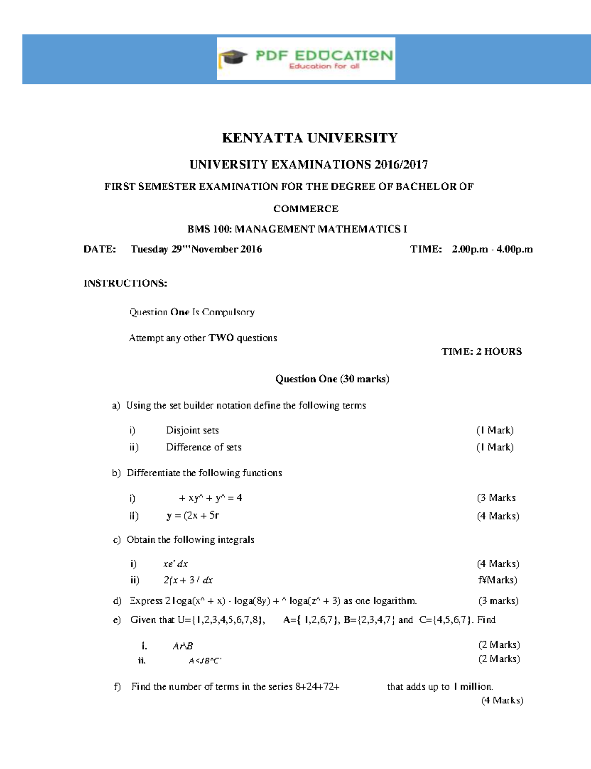 BMS 100 Management Mathematics I November 2016 - KENYATTA UNIVERSITY ...